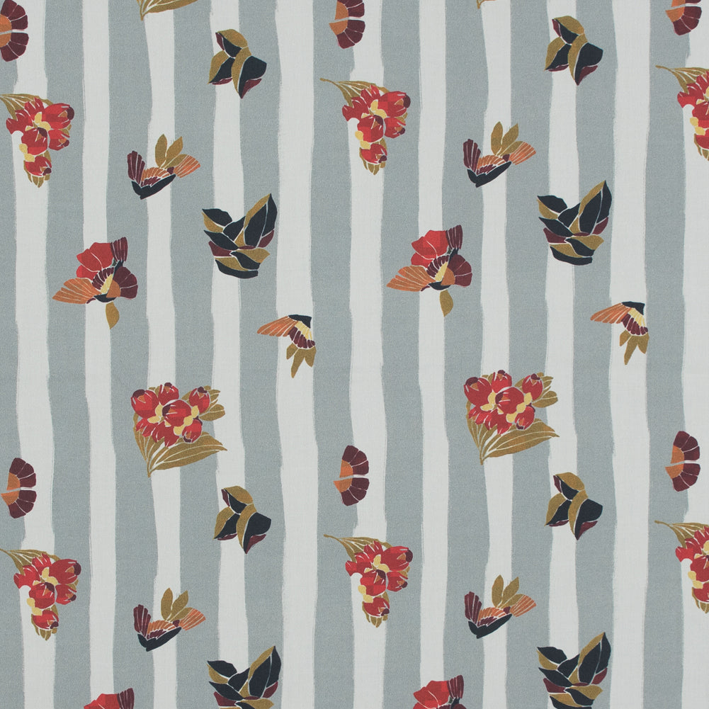 Cotton Poplin - Flowers over Gray Stripes - Flores de Vitalidad Print