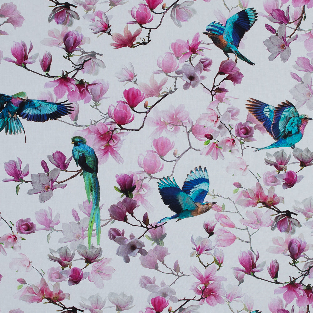 Organic Viscose Batiste - Pink and Blue Flowers and Birds