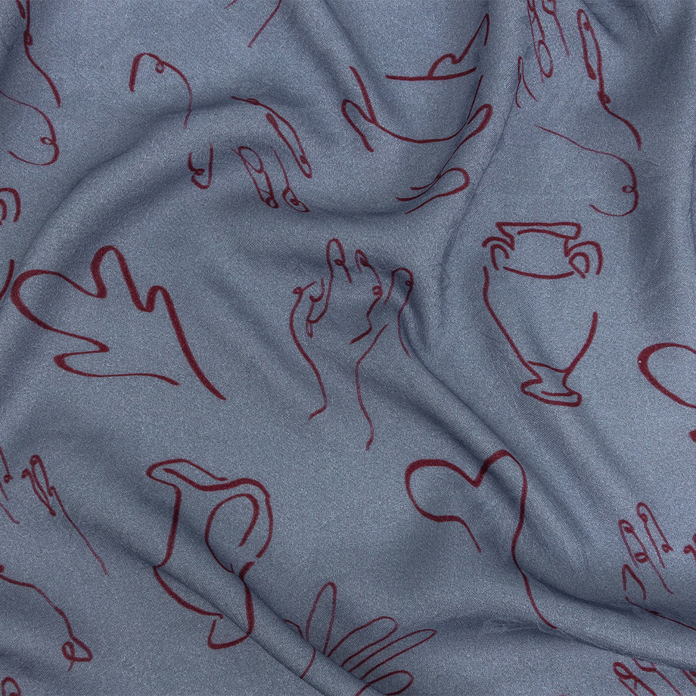 Leafy Viscose Jacquard Print - Blue and Wine Red Doodled Objects - Moo