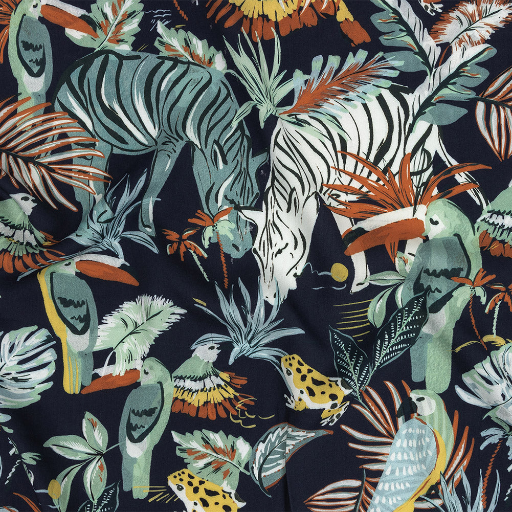 Rayon Batiste Print - Midnight, Green and White Zebras and Brids - Moo