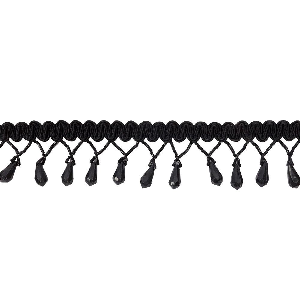 Vintage Black Teardrop Beaded Fringe on Black Gimp Braid - 2"