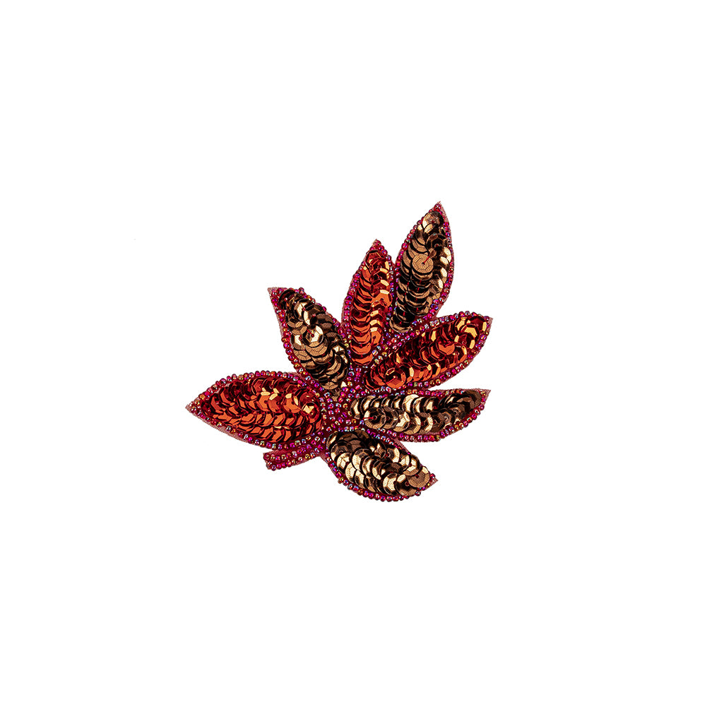 Vintage Red and Bronze Sequins and Red-lined Beaded Leaf Applique - 4"