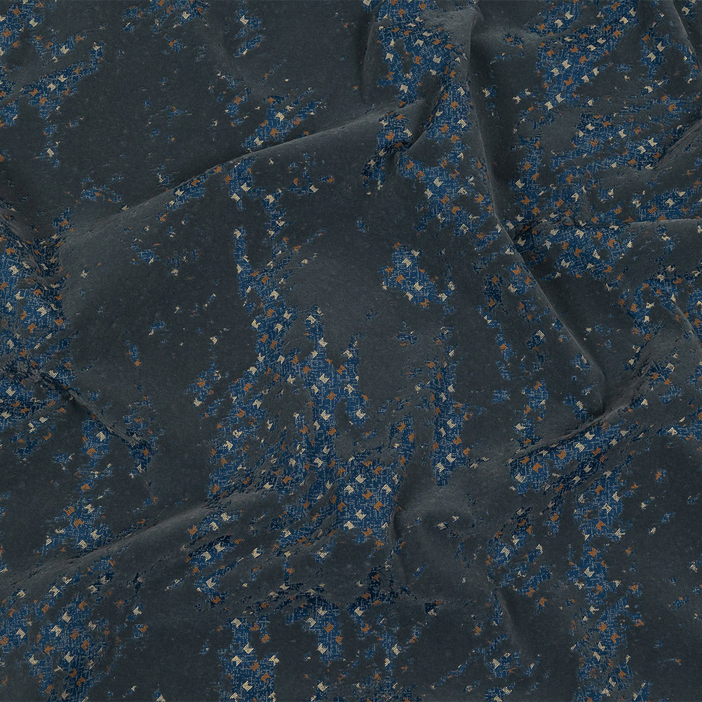 Gray Distressed Flocking on Blue, Tan and Beige Geometric Printed Cott