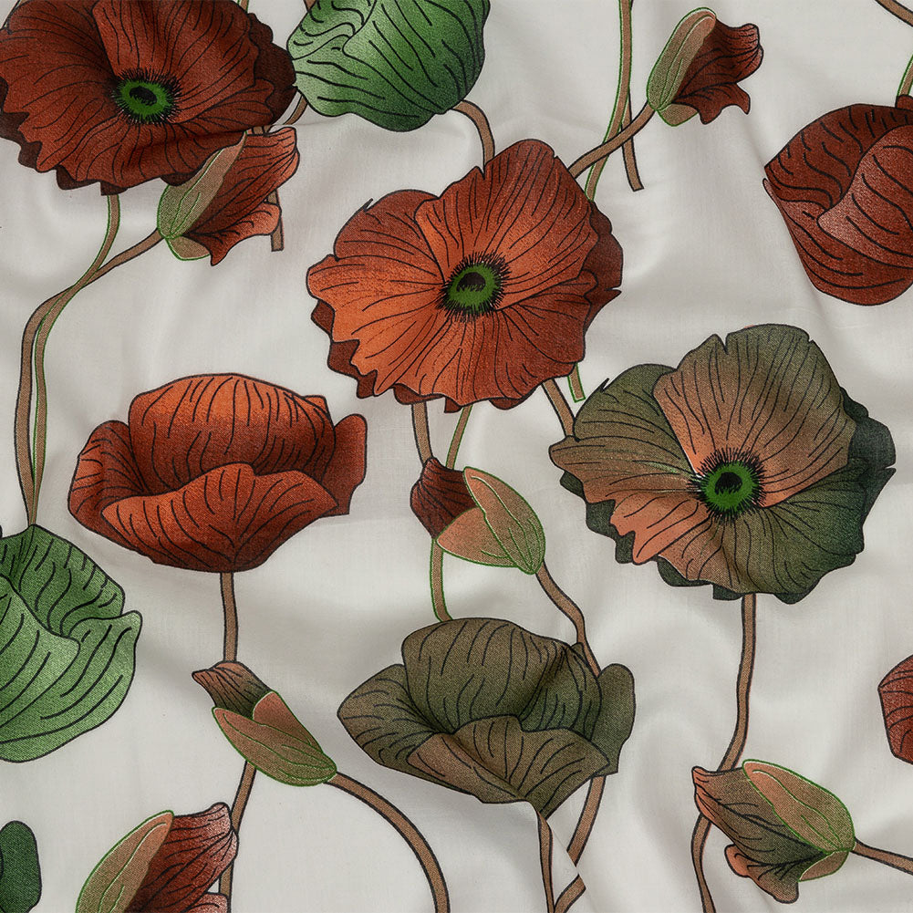Red, Green and Brown Big Poppies Cotton Lawn