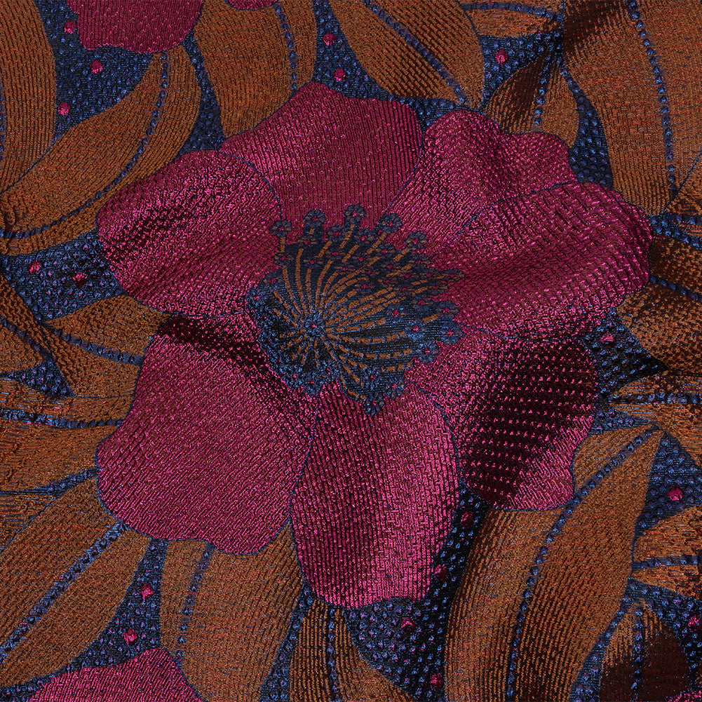 Metallic Magenta, Burnt Orange and Blue Tropical Flowers Luxury Brocad