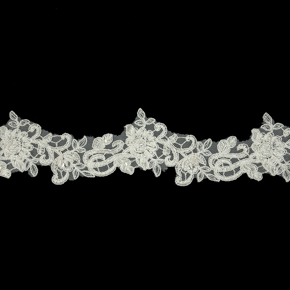 Off White Floral Beaded Bridal Lace Trim with White Cording - 2.5"