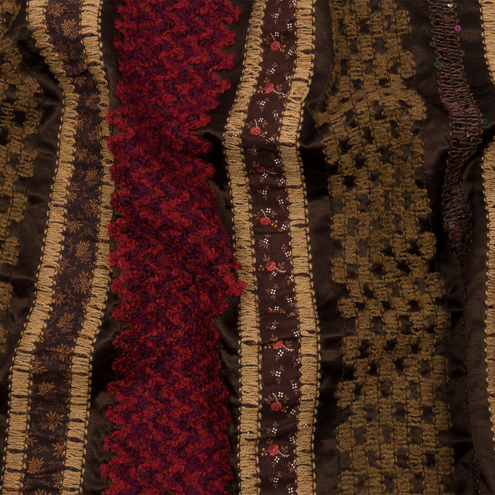 Brown, Beige and Red Wool Boucle Embroidered Polyester Satin with Sequ