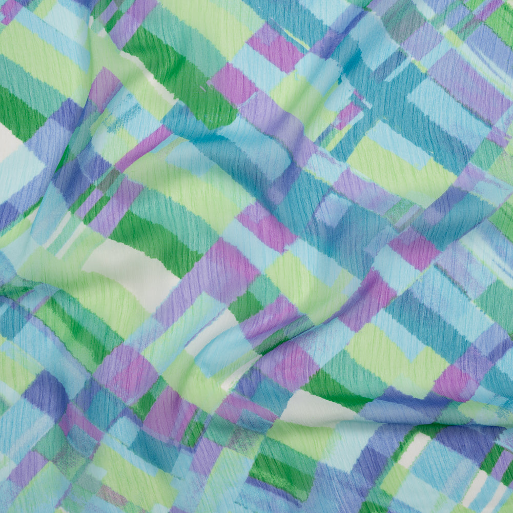 Crinkled Polyester Chiffon Print - Blue, Lime Green and Purple Painted