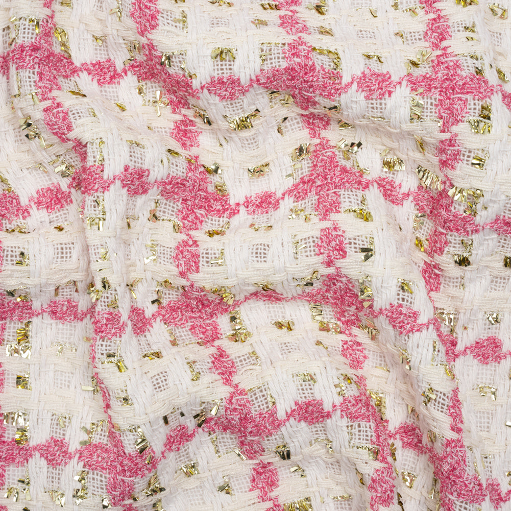 Polyester Boucle Tweed with Metallic Eyelash Fringe - White, Pink and