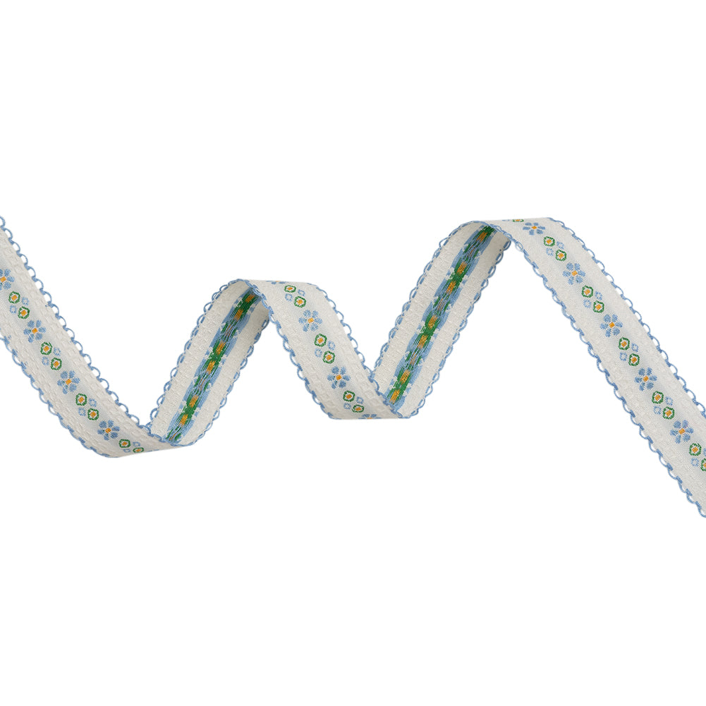 Jacquard Ribbon with Scalloped Edges - 0.875" - French Blue, White and