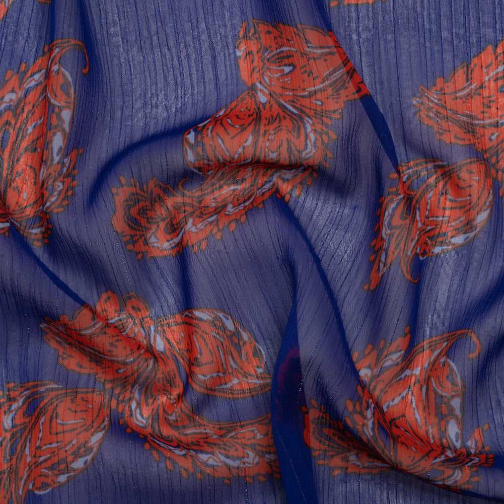 Crinkled Polyester Chiffon with Metallic Silver Pinstripes - Red and B
