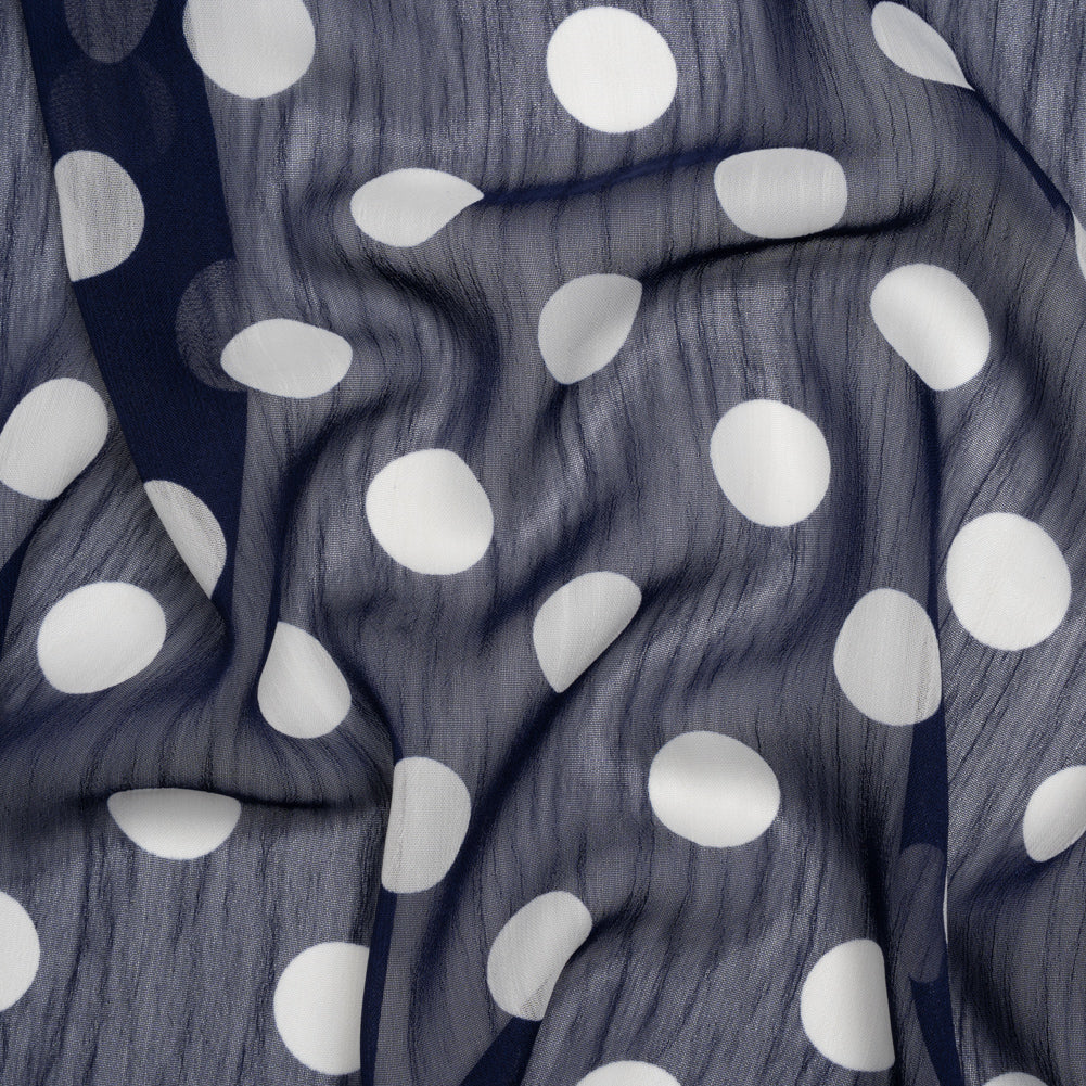 Crinkled Polyester Chiffon Print - Navy and White Polka Dots - Designe