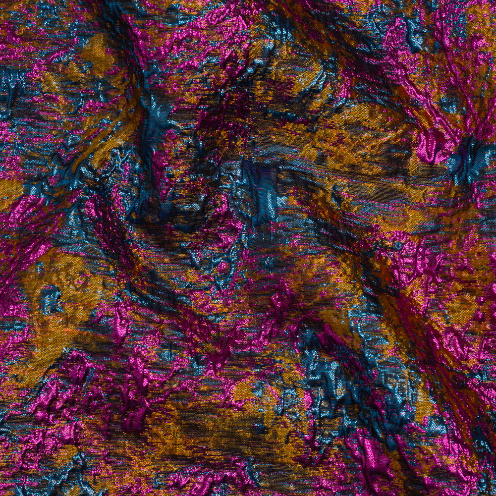 Metallic Brocade - Dark Mustard, Teal and Magenta Abstract Sponge Text