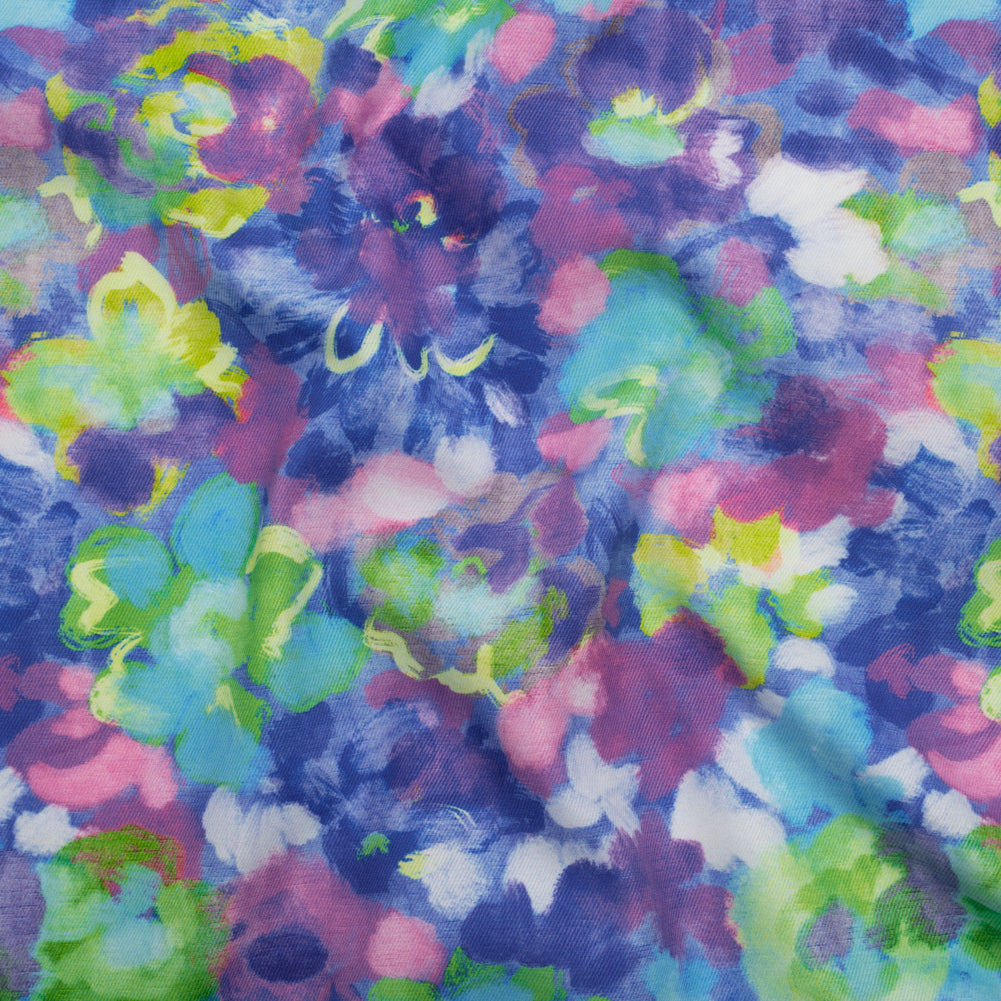 Peached Polyester Twill - Pink, Ultramarine and Lime Green Painted Flo