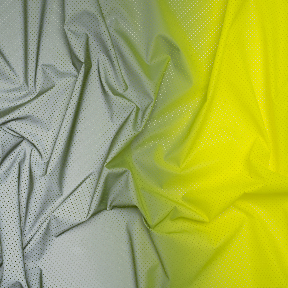 Perforated Reflective Fabric - Fluorescent Yellow and Silver Gray Ombr