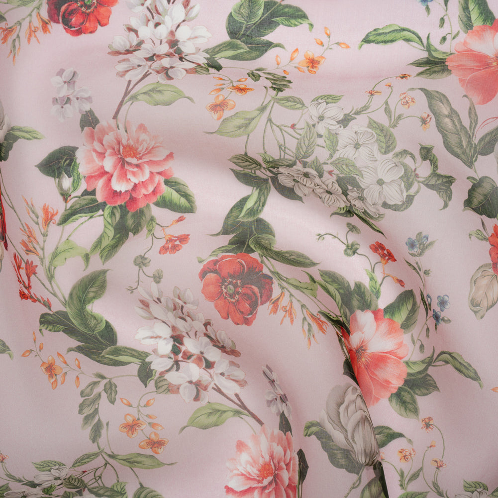Silk Organza Print Made in Italy - Baby Pink, Coral and Green Floral