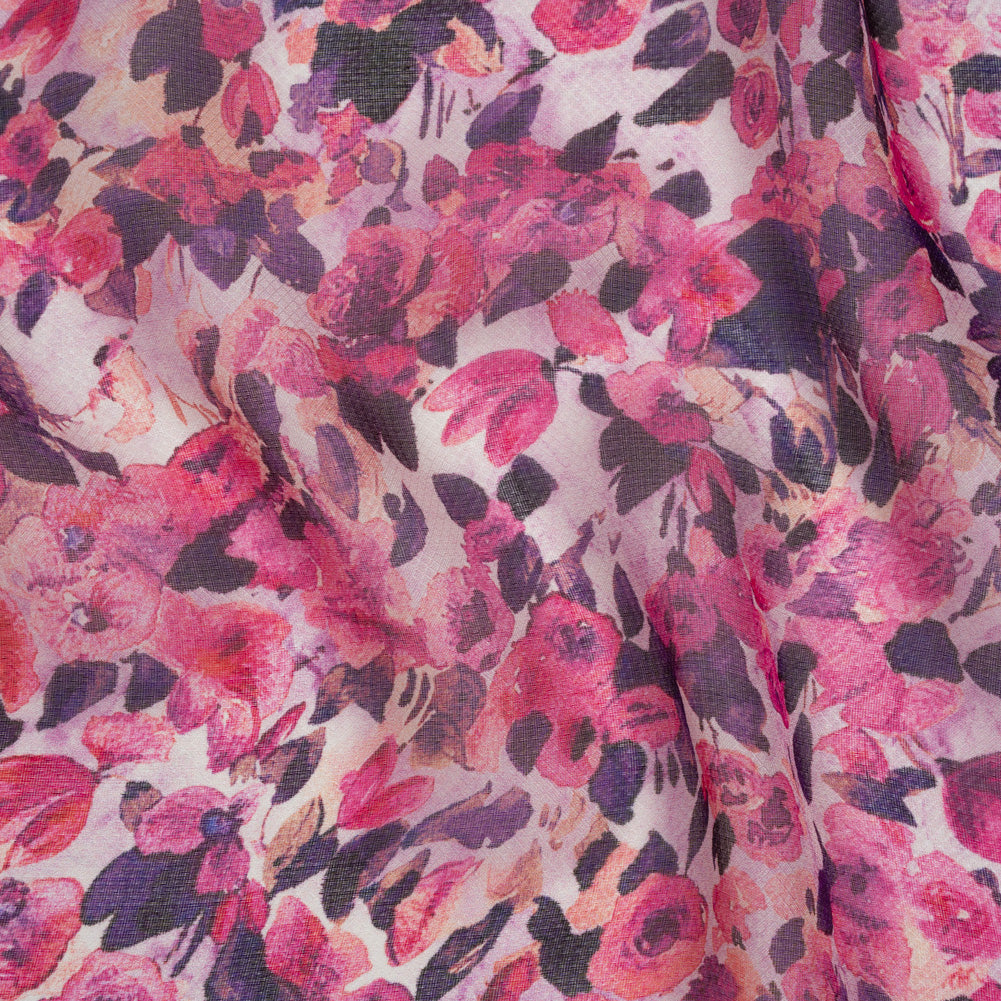 Silk Birdseye Pique Voile Print Made in Italy - Pink, Dark Purple and