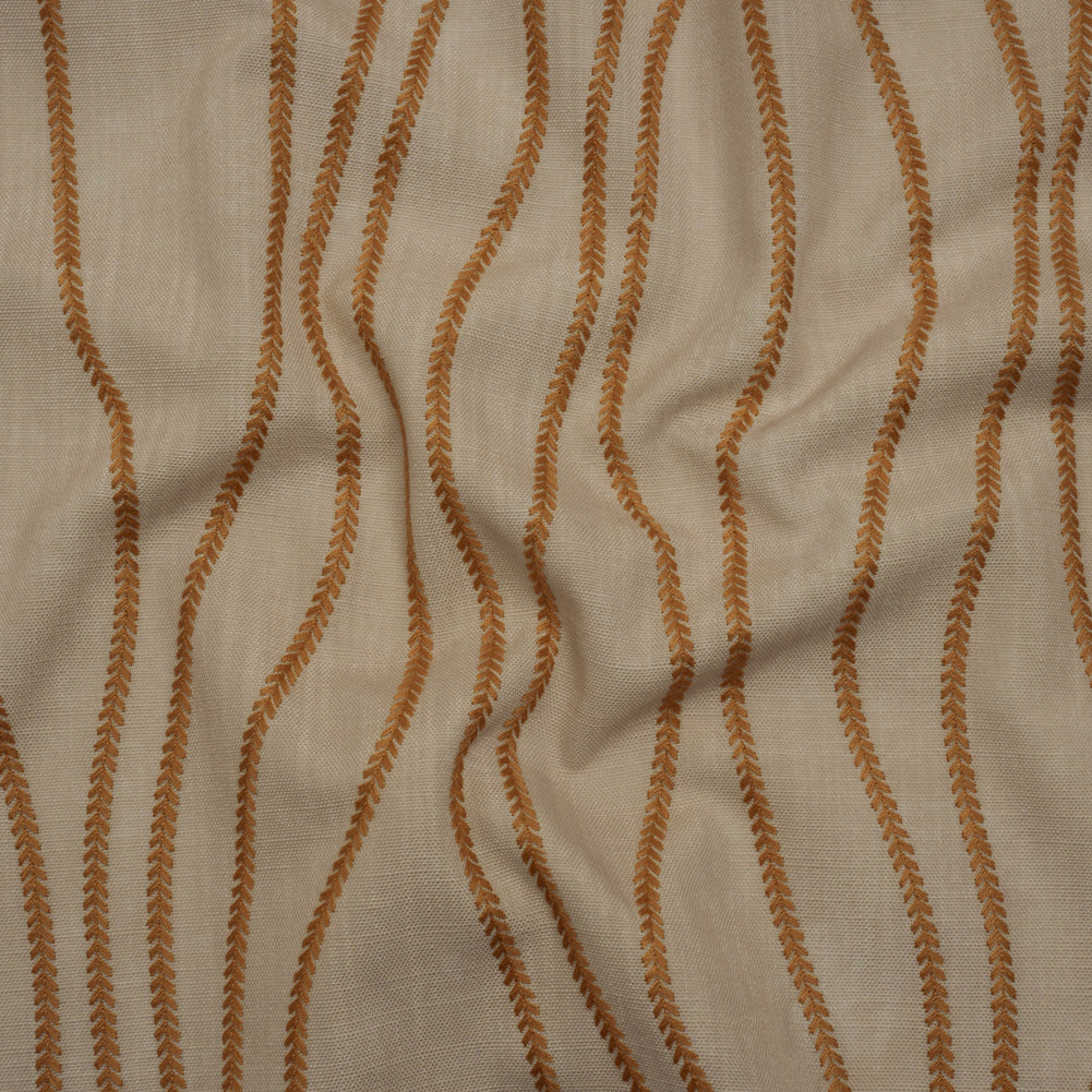 Embroidered Linen-Look Polyester Drapery Woven - Copper Leafy Wavy Lin