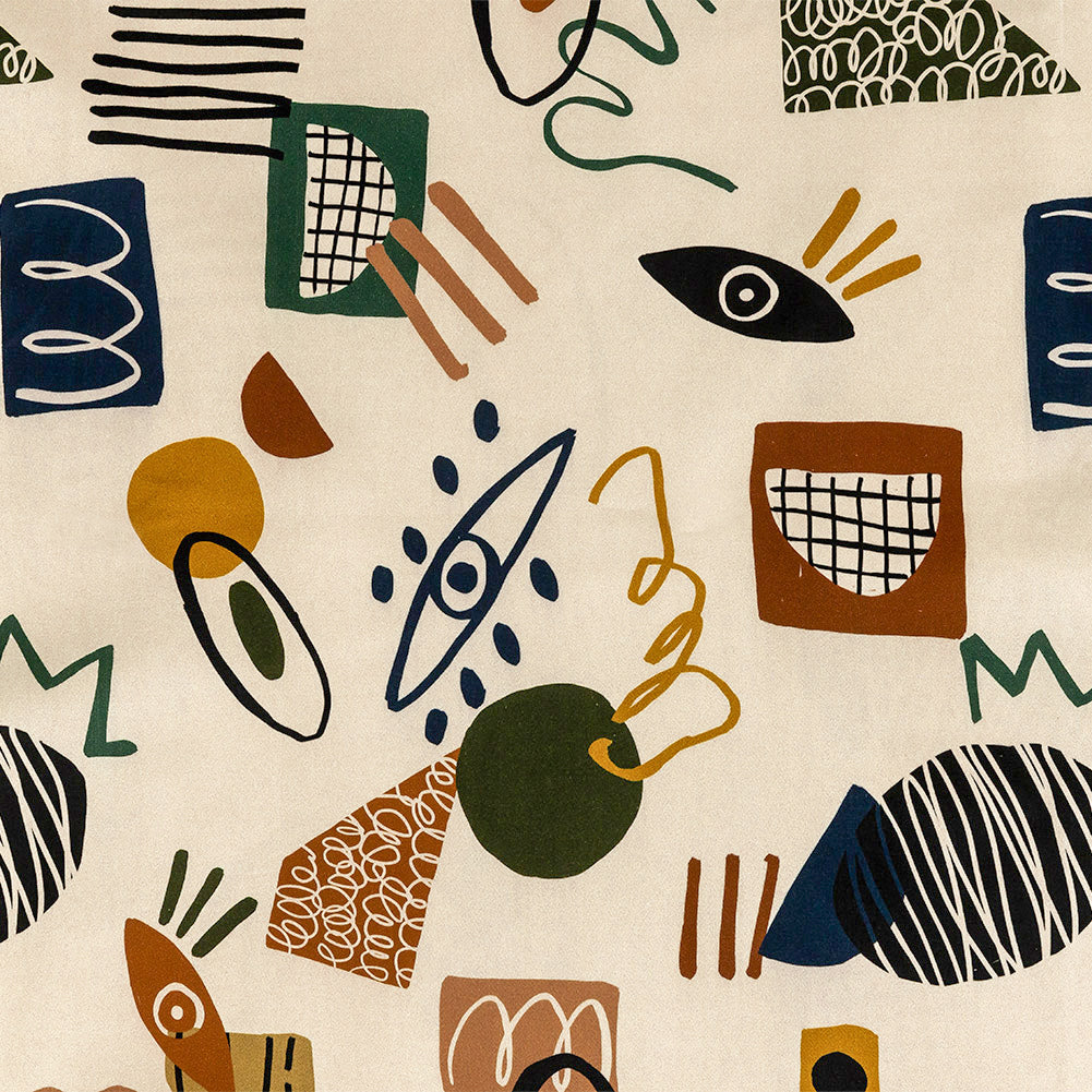 Stretch Cotton Sateen - Cream and Multicolored Doodles - Sundry Symbol